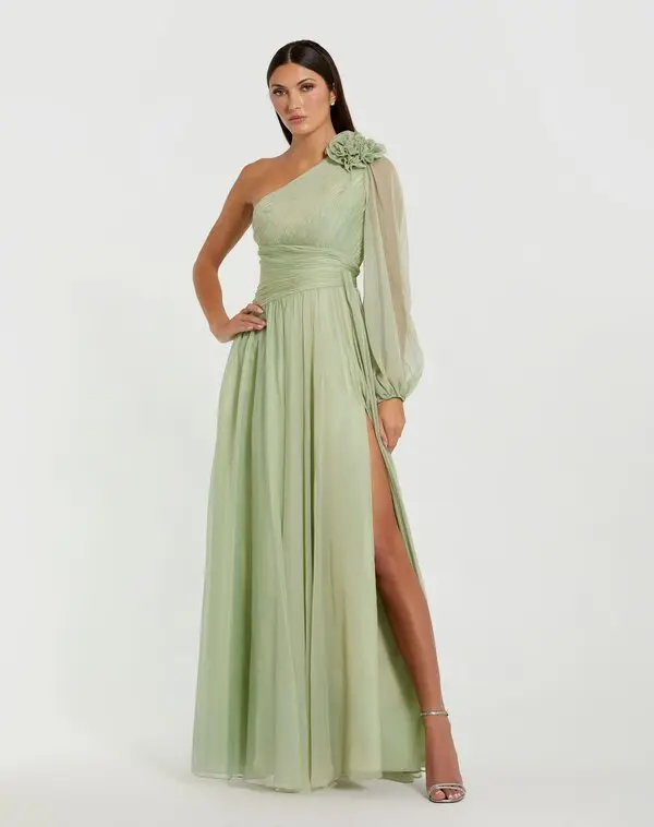 Mac Duggal Green One Shoulder 3d Flower Gown With Slit - Sage