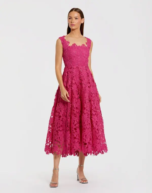 Mac Duggal Pink Sleeveless Embroidered Lace A Line Midi Dress - Hot Pink