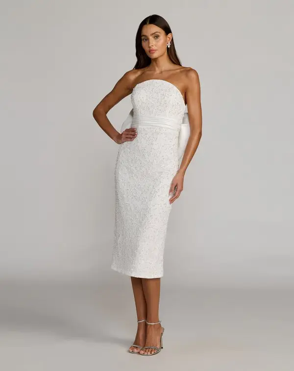 Mac Duggal Strapless Beaded Bow Back Midi Dress - Ivory