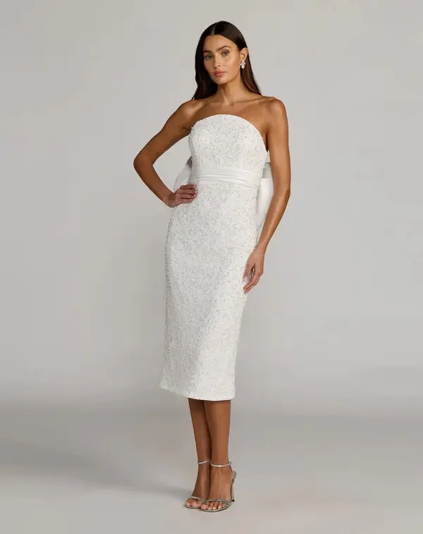 Mac Duggal Strapless Beaded Lace Midi Dress With Bow