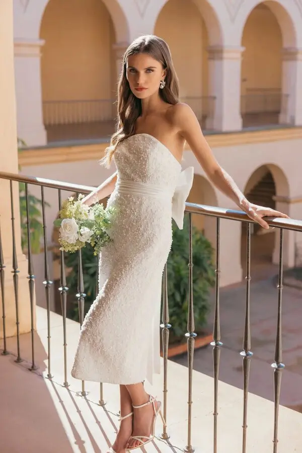 Mac Duggal Strapless Beaded Lace Midi Dress With Bow