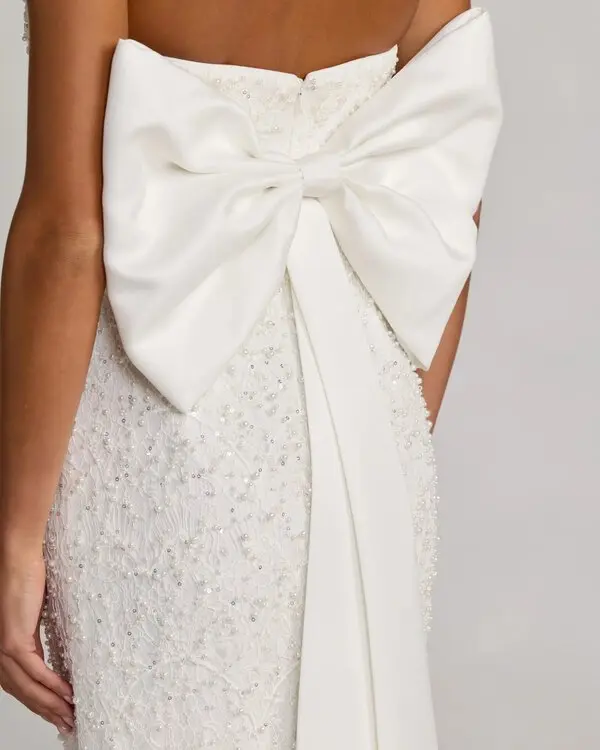 Mac Duggal Strapless Beaded Lace Midi Dress With Bow