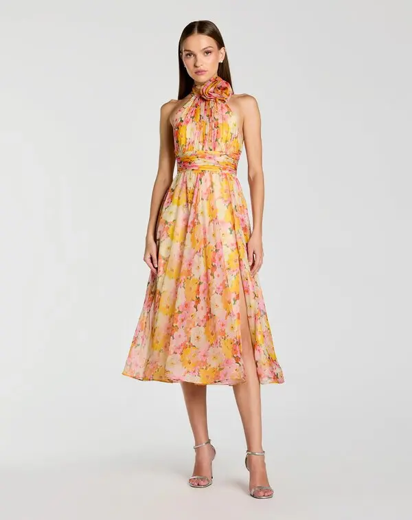 Mac Duggal Floral Halterneck Midi Dress With 3d Flower - Yellow Multi