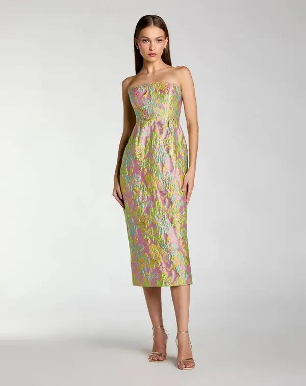 Mac Duggal Strapless Floral Brocade Midi Dress - Blush Multi