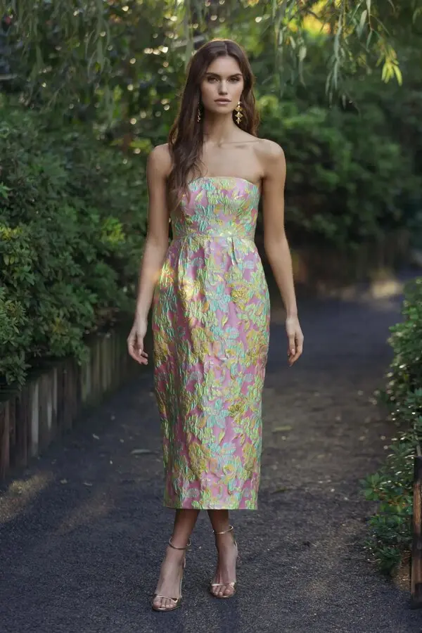 Mac Duggal Strapless Floral Brocade Midi Dress - Blush Multi