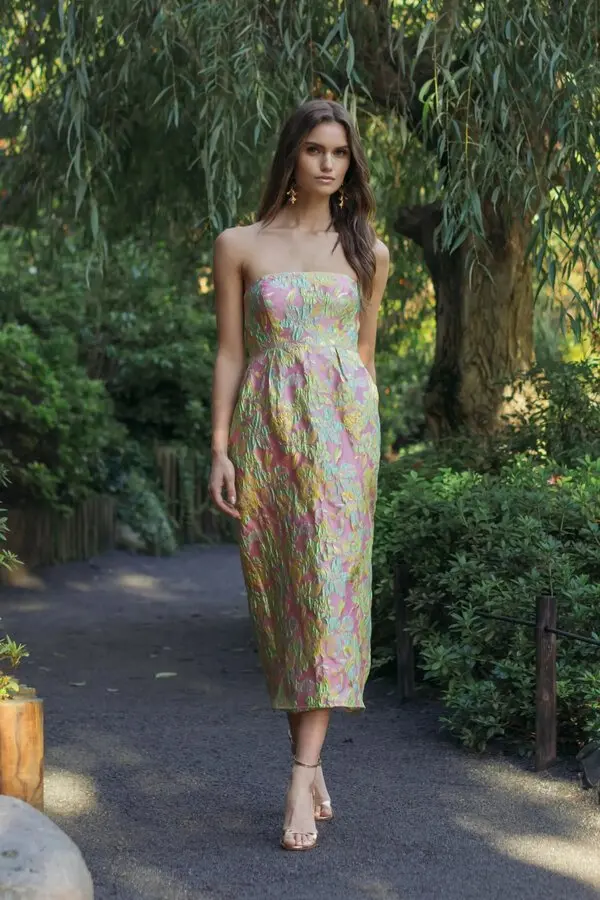 Mac Duggal Strapless Floral Brocade Midi Dress - Blush Multi