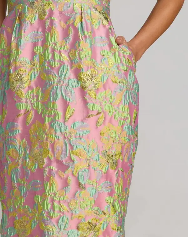 Mac Duggal Strapless Floral Brocade Midi Dress - Blush Multi