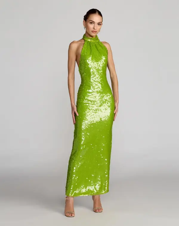Mac Duggal Green Sequin Halter Open Back Gown - Apple Green