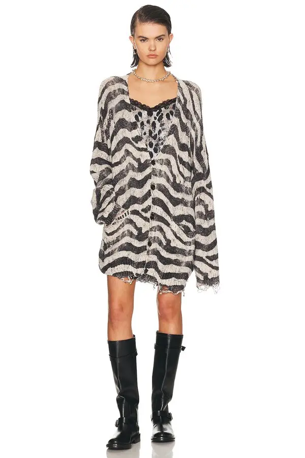 R13 Printed Oversized Cardigan In Grey,white - Black & White Zebra