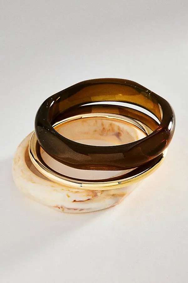 Anthropologie Boho Bangle Bracelets, Set Of 3 - Brown / Gold