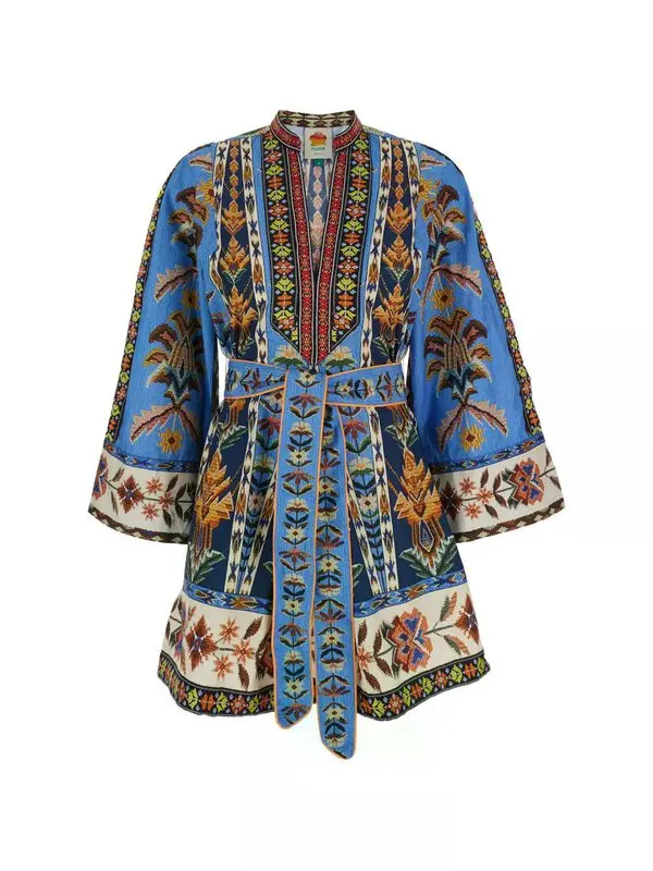 Farm Rio Embroidered Tapestry V-neck Mini Dress - Blue