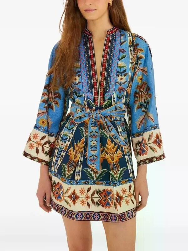 Farm Rio Embroidered Tapestry V-neck Mini Dress - Blue