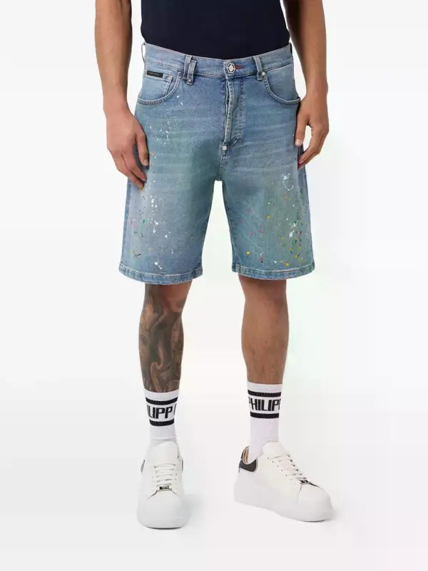 Philipp Plein Paint-splatter Denim Shorts - Blue