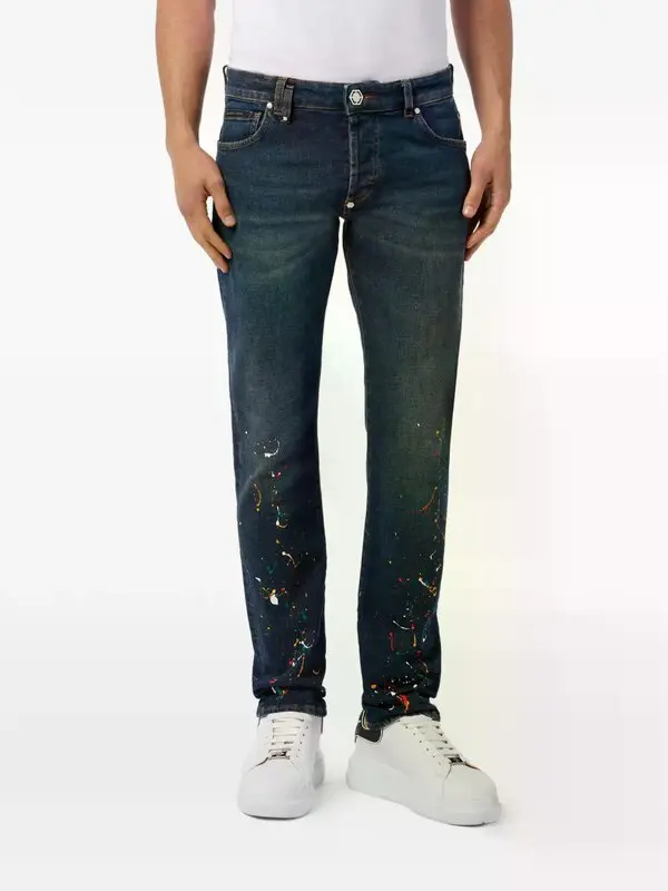 Philipp Plein Straight-leg Jeans With Paint Detail - Blue
