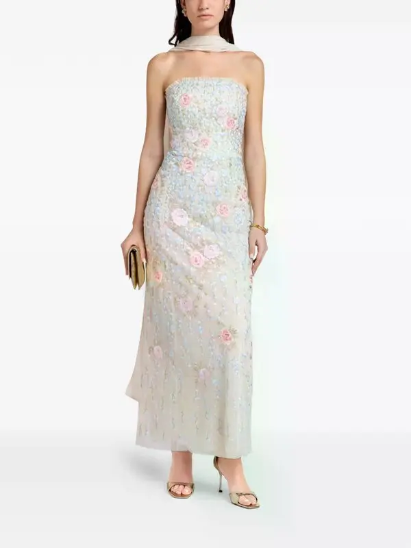 NEEDLE & THREAD Floral-embellished Strapless Midi Dress - Neutrals