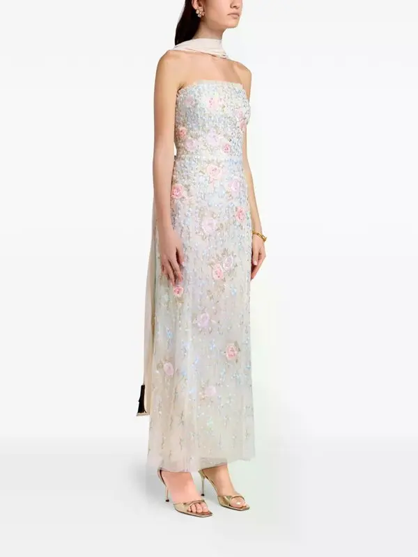 NEEDLE & THREAD Floral-embellished Strapless Midi Dress