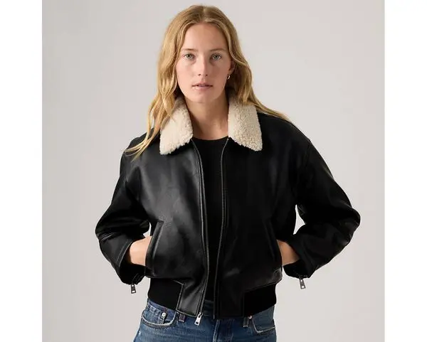 LEVI'S Faux Leather Bomber Jacket With Sherpa Collar - Black