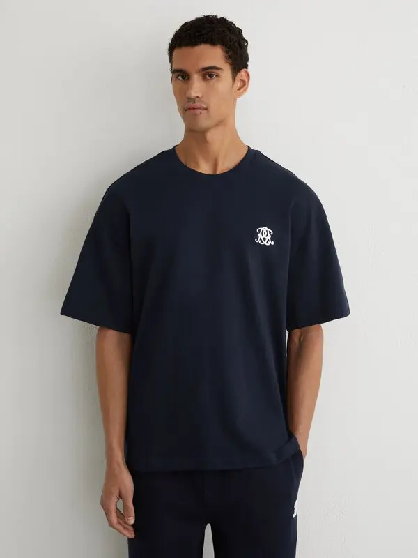 REISS Rainer Monogram Embroidered Relaxed-fit T-shirt - Navy