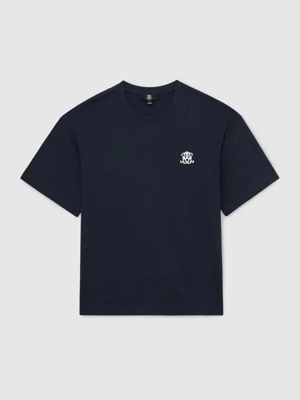 REISS Rainer Monogram Embroidered Relaxed-fit T-shirt - Navy