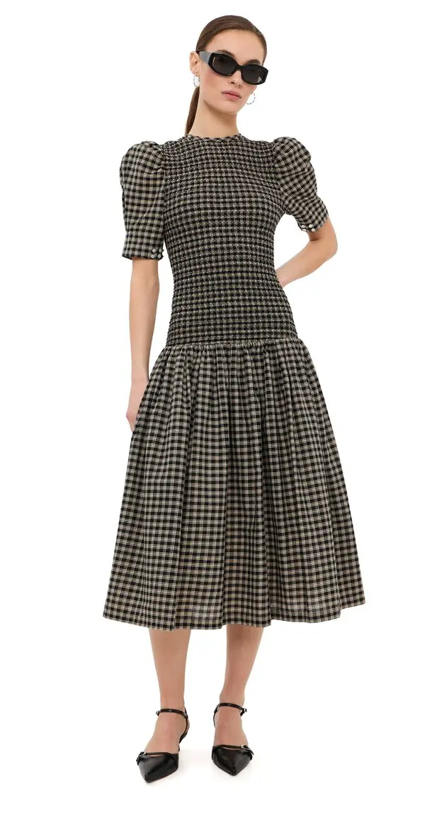 TANNER FLETCHER Imelda Smocked Midi Dress - Black Plaid