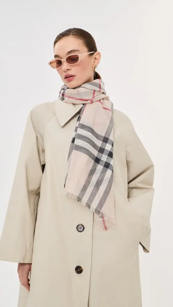 Burberry Wide Check Wool Silk Gauze Scarf - Stone Check