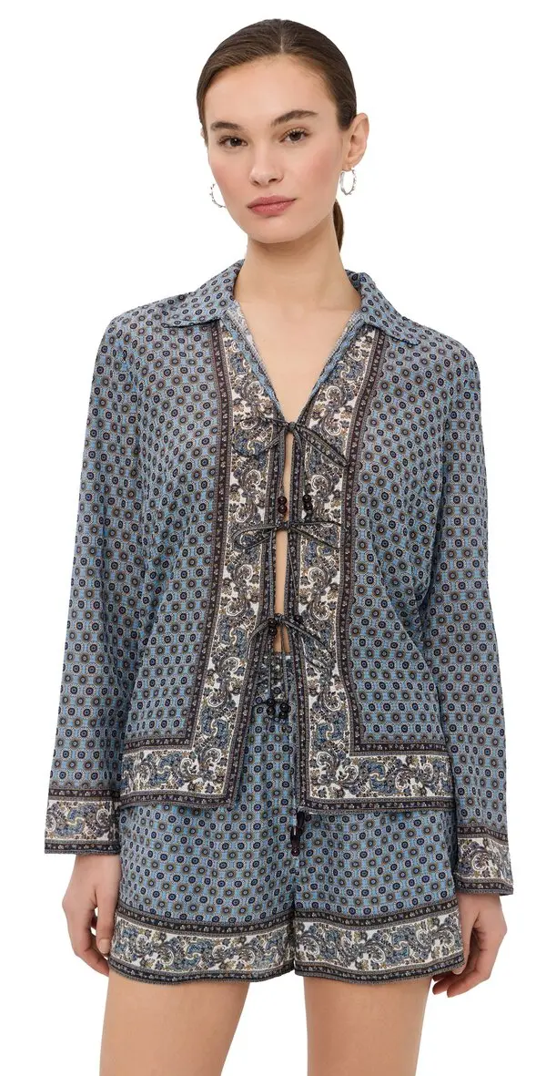 Veronica Beard Printed Voile Top With Ties - Blue Jay Multi
