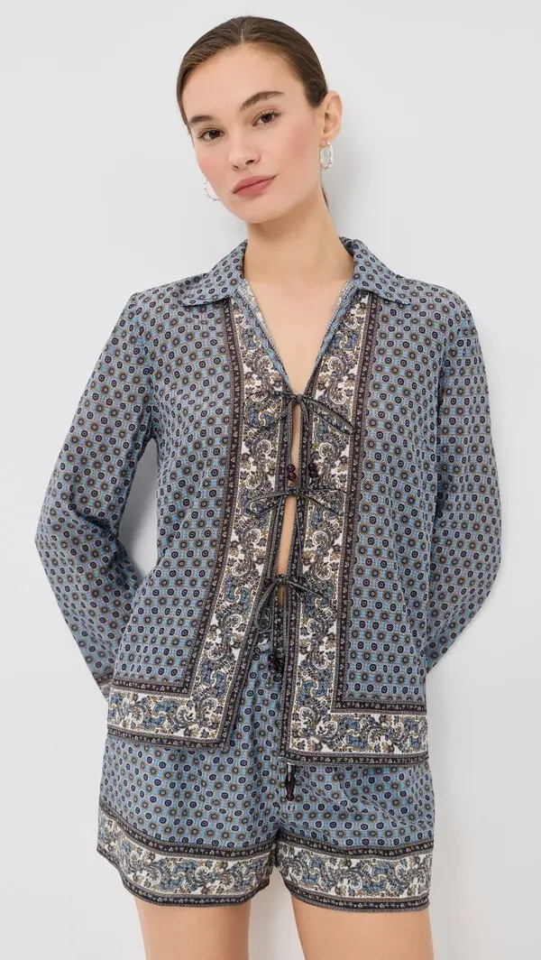 Veronica Beard Printed Voile Top With Ties - Blue Jay Multi