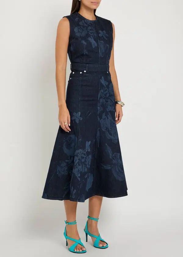 Erdem Floral-print Denim Midi Dress - Indigo