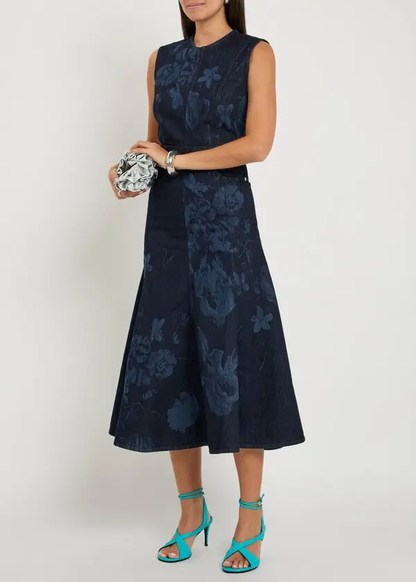 Erdem Floral-print Denim Midi Dress - Indigo
