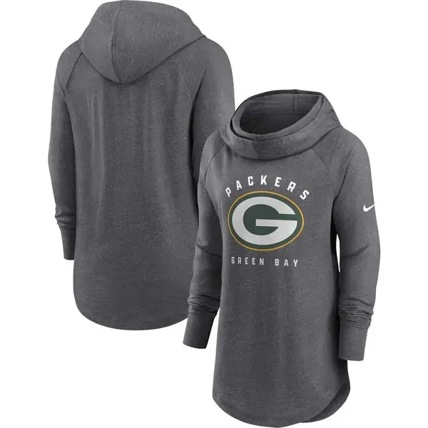 Nike Green Bay Packers Raglan Funnel Neck Pullover Hoodie - Heather Charcoal