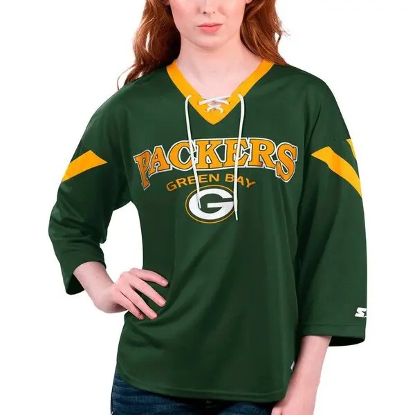 STARTER Bay Packers Rally Lace-up 3/4 Sleeve T-shirt - Green