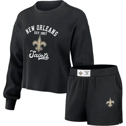 WEAR BY ERIN ANDREWS New Orleans Saints Waffle Knit Long Sleeve T-shirt & Shorts Lounge Set - Black
