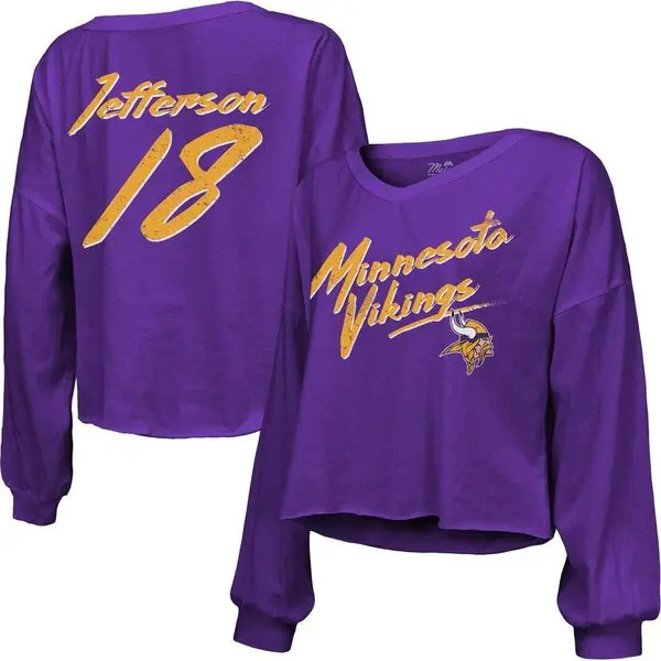MAJESTIC THREADS Justin Jefferson Minnesota Vikings Name & Number Off-shoulder Script Cropped Long Sleeve V-neck T-shirt - Purple