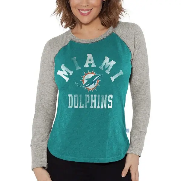 G-III 4HER BY CARL BANKS Heather Gray Miami Dolphins Waffle Knit Raglan Long Sleeve T-shirt - Aqua