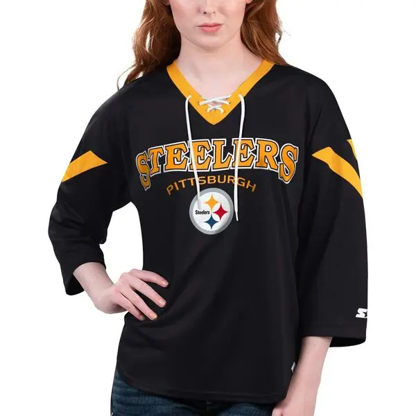 STARTER Pittsburgh Steelers Rally Lace-up 3/4 Sleeve T-shirt - Black