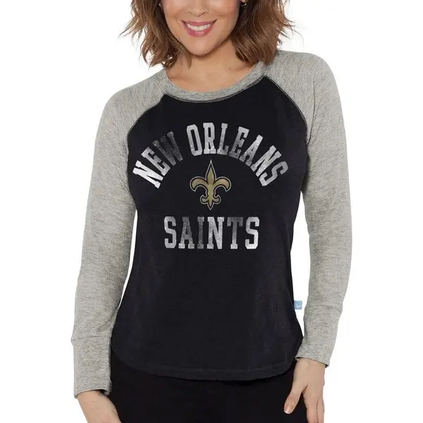 G-III 4HER BY CARL BANKS Heather Gray New Orleans Saints Waffle Knit Raglan Long Sleeve T-shirt - Black