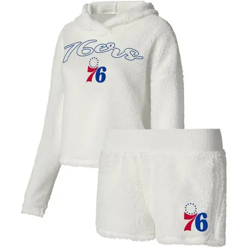 COLLEGE CONCEPTS Cream Philadelphia 76ers Fluffy Long Sleeve Hoodie T-shirt & Shorts Sleep Set - White
