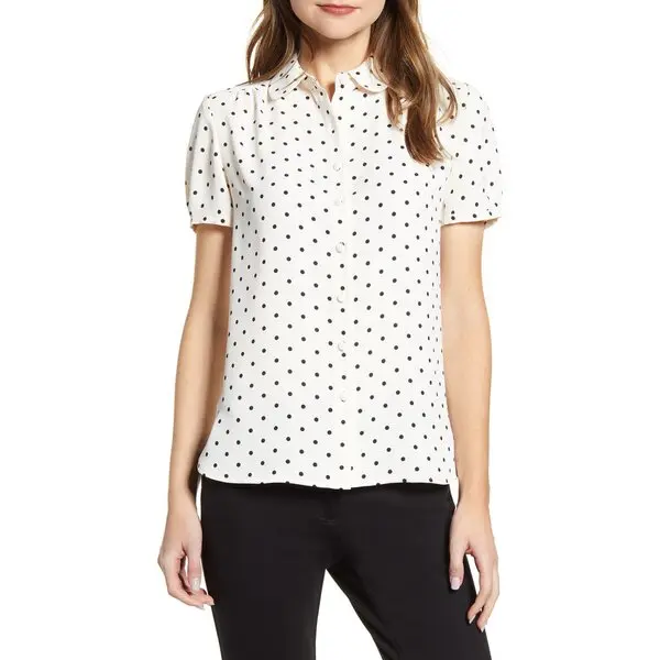 Anne Klein Dot Short Sleeve Shirt - White Dove/anne Black