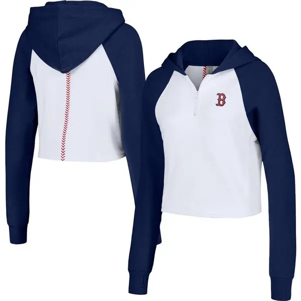 LUSSO Boston Red Sox Jane Raglan Quarter-zip Tri-blend Cropped Pullover Hoodie - White