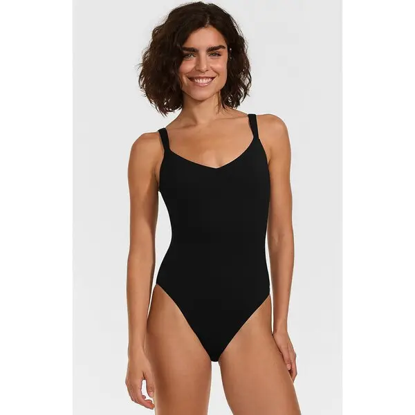 LANDS' END V-neck High Leg Strappy Back One Piece - Black