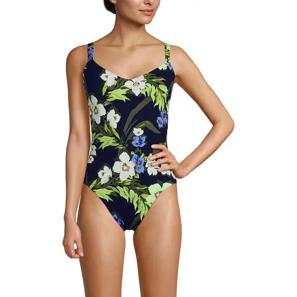 LANDS' END V-neck Strappy Back One Piece - Deep Sea/blue Floral Tropic