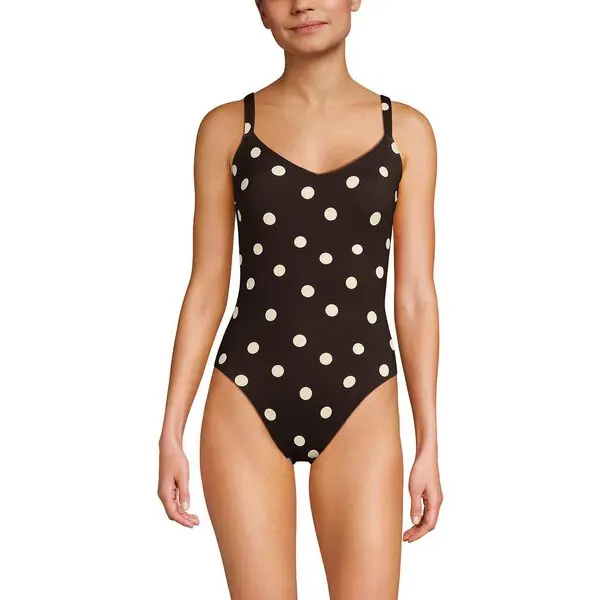 LANDS' END V-neck Strappy Back One Piece - Rich Seal Brown Polka Dot