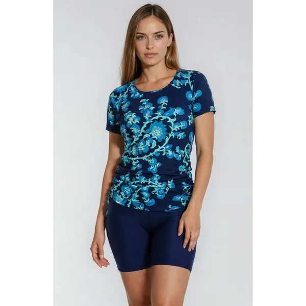 CALYPSA Short Sleeve Adele Swim Top And Navy Mid-thigh Swim Shorts Set - Barbados Blue