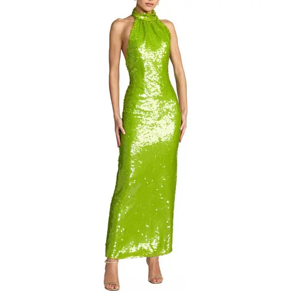 Mac Duggal Sleeveless Sequin Halter Gown - Apple Green