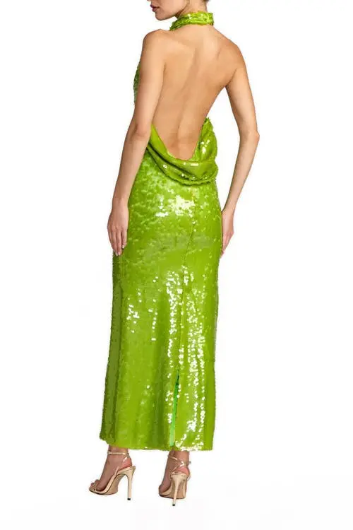 Mac Duggal Sleeveless Sequin Halter Gown - Apple Green