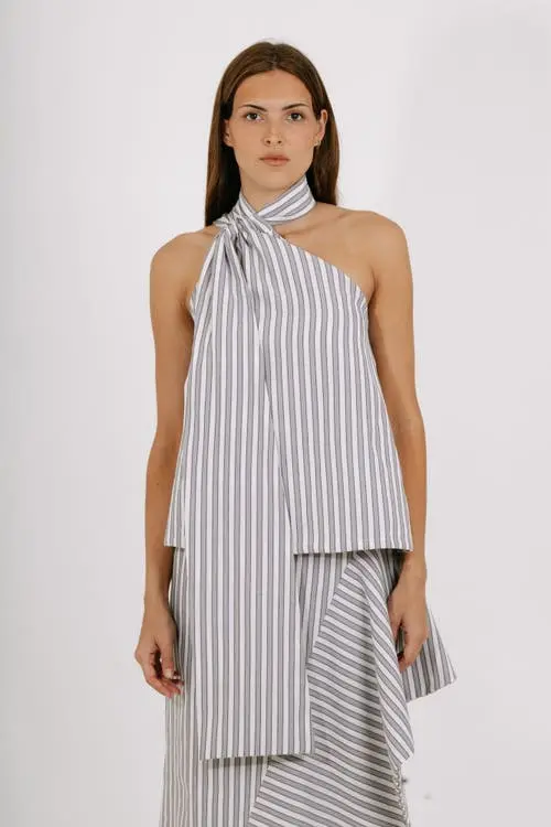 VALENTINA GORDON Asymmetrical Striped Cotton Top - Gray Stripes
