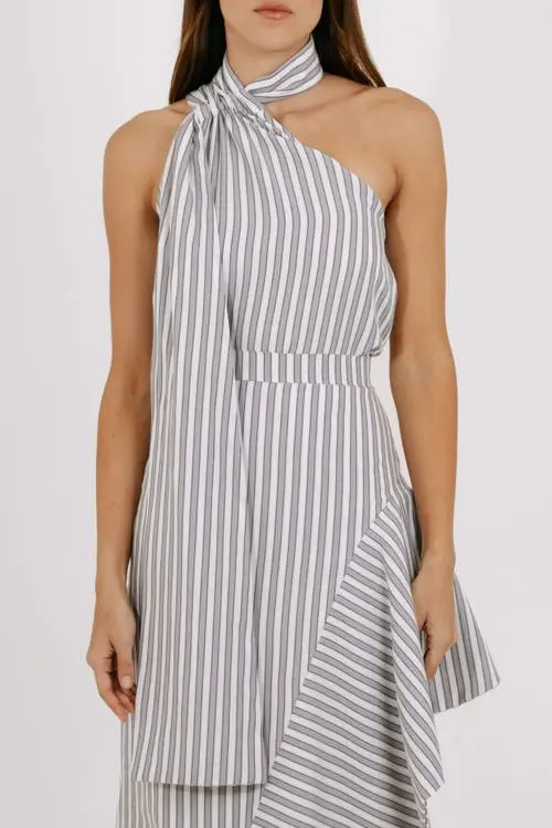 VALENTINA GORDON Asymmetrical Striped Cotton Top - Gray Stripes