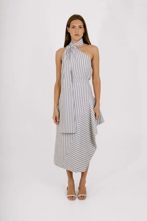 VALENTINA GORDON Asymmetrical Striped Cotton Top - Gray Stripes