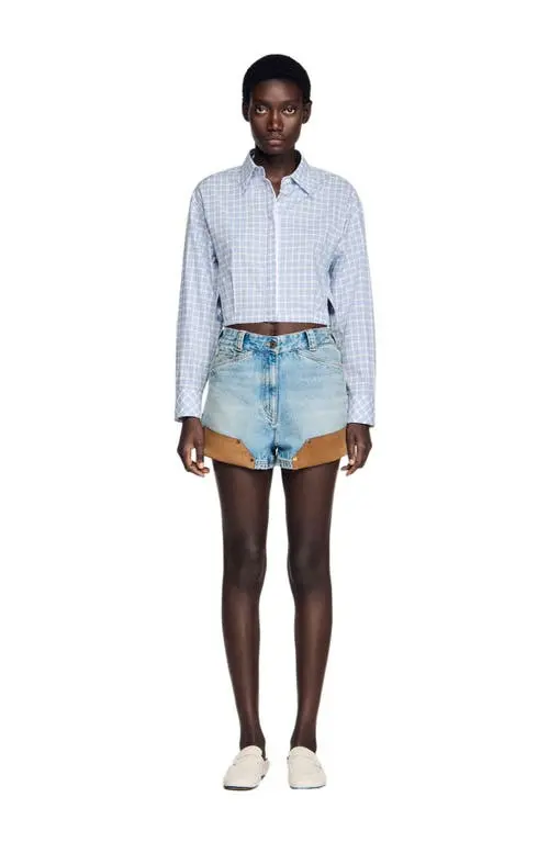 Sandro Riveted Denim And Suede Shorts - Light Bu Jean