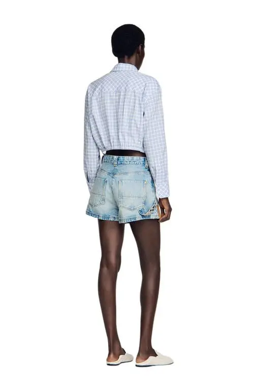 Sandro Riveted Denim And Suede Shorts - Light Bu Jean